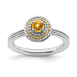Solid 925 Sterling Silver and 14k Yellow Gold Stackable Citrine Yellow November Gemstone Ring Eternity Band Size 9