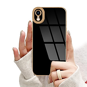 Lafunda Compatible with iPhone Xr Case, Cute Luxury Plating for Women Girls Elegant Golden Edge Pretty Shockproof TPU Bumper Cover with Silicone Camera Protective Phone Case for iPhone Xr, Black