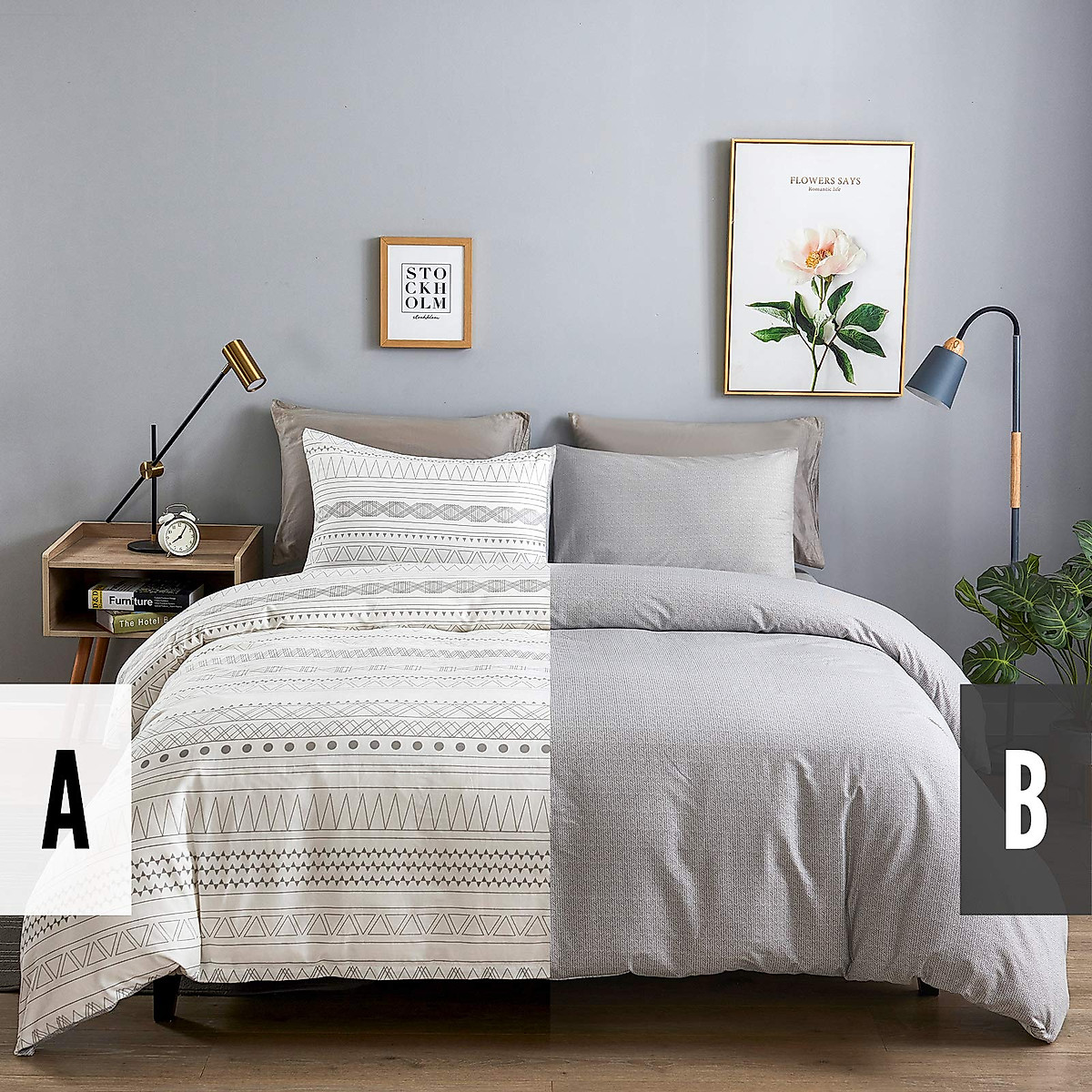 WARMDERN Grey Stripe Boho Duvet Cover Set Queen, 3pcs Ultra Soft Breathable Aztec Cotton Comforter Cover with Zipper Ties, 1 Bohemian White Duvet Cover & 2 Pillowcase(Queen,Grey)