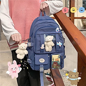 CHERSE School Backpack for Teen Girls Back to School Aesthetic Cute Adorable Lovely with Pin and Cute Accessory (Blue)
