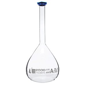 EISCO Volumetric Flask, 2000ml - ASTM, Class A - Snap Cap - Borosilicate 3.3 Glass