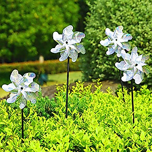 Ohuhu Reflective Pinwheels with Stakes, 10-Pack Extra Sparkly Wind Sculpture for Garden Decor Pin Wheel, Silver Wind Spinner