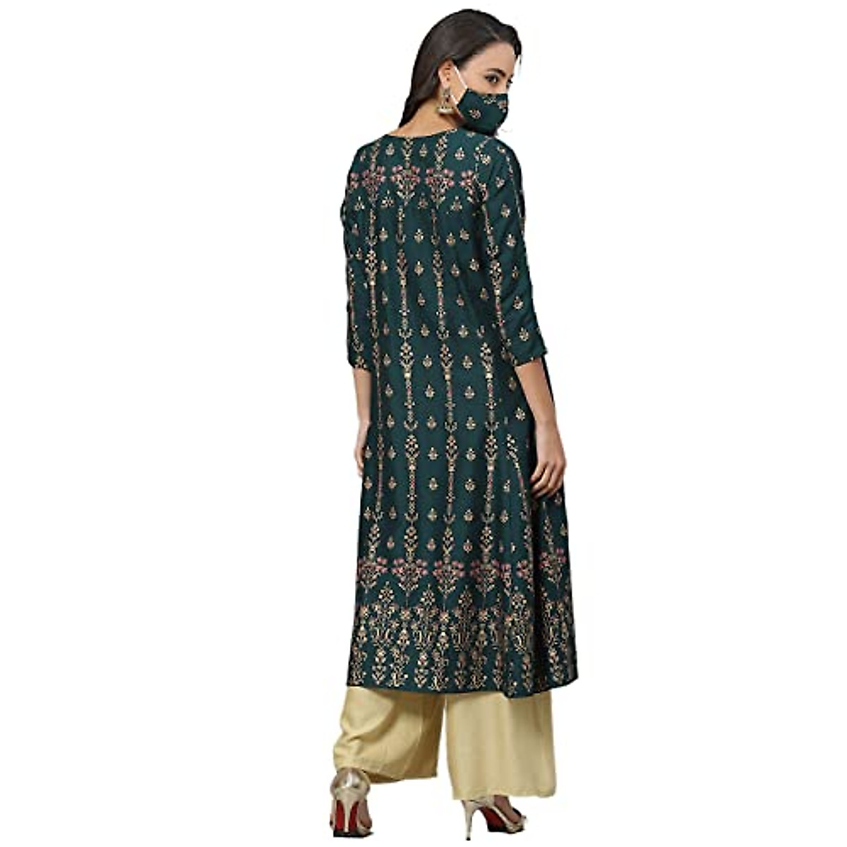 Yash Gallery Women's Plus Size Rayon Floral Print Anarkali Kurta (Dark Green)