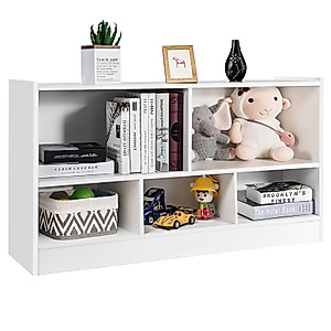 SILKYDRY 5 Cube Storage Organizer, 2-Tier Horizontal Bookshelf, Wooden Display Book Shelves for Home Office Classroom, Low Bookcase Under Window (White, 44” x 12” x 24”)