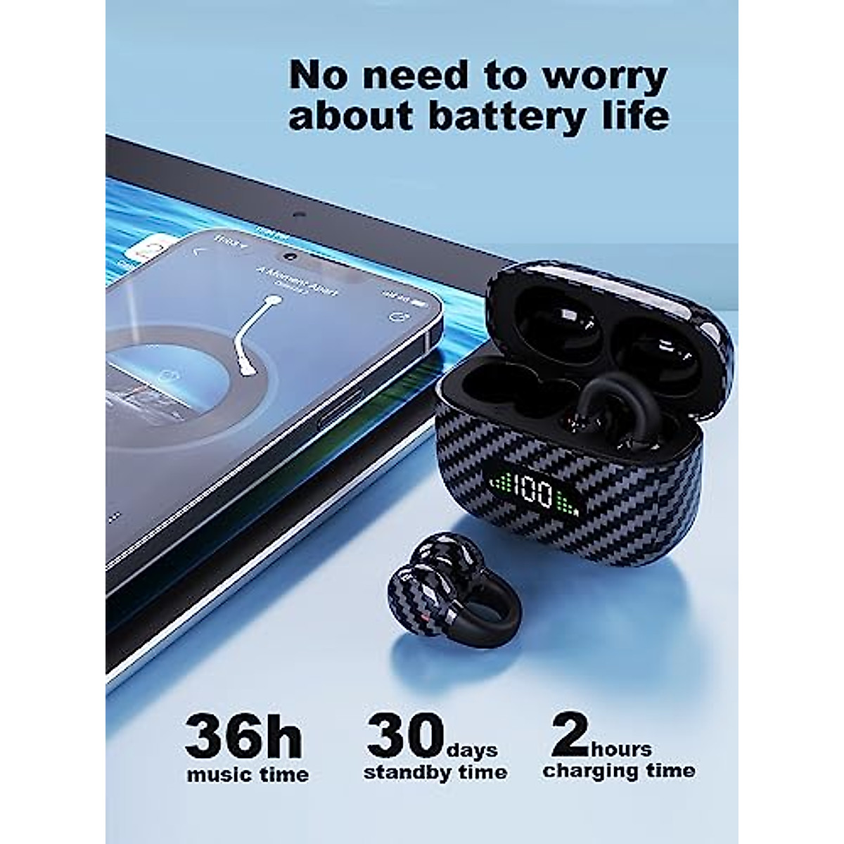 Open Ear Earbuds Wireless Bluetooth 5.3 Ear Clips Ear Buds Ear Clip Air Bone Conduction Headphones Painless Waterproof Sport Earring Earphones Carbon Fiber Ear Clip Bluetooth Headset Noise Cancelling