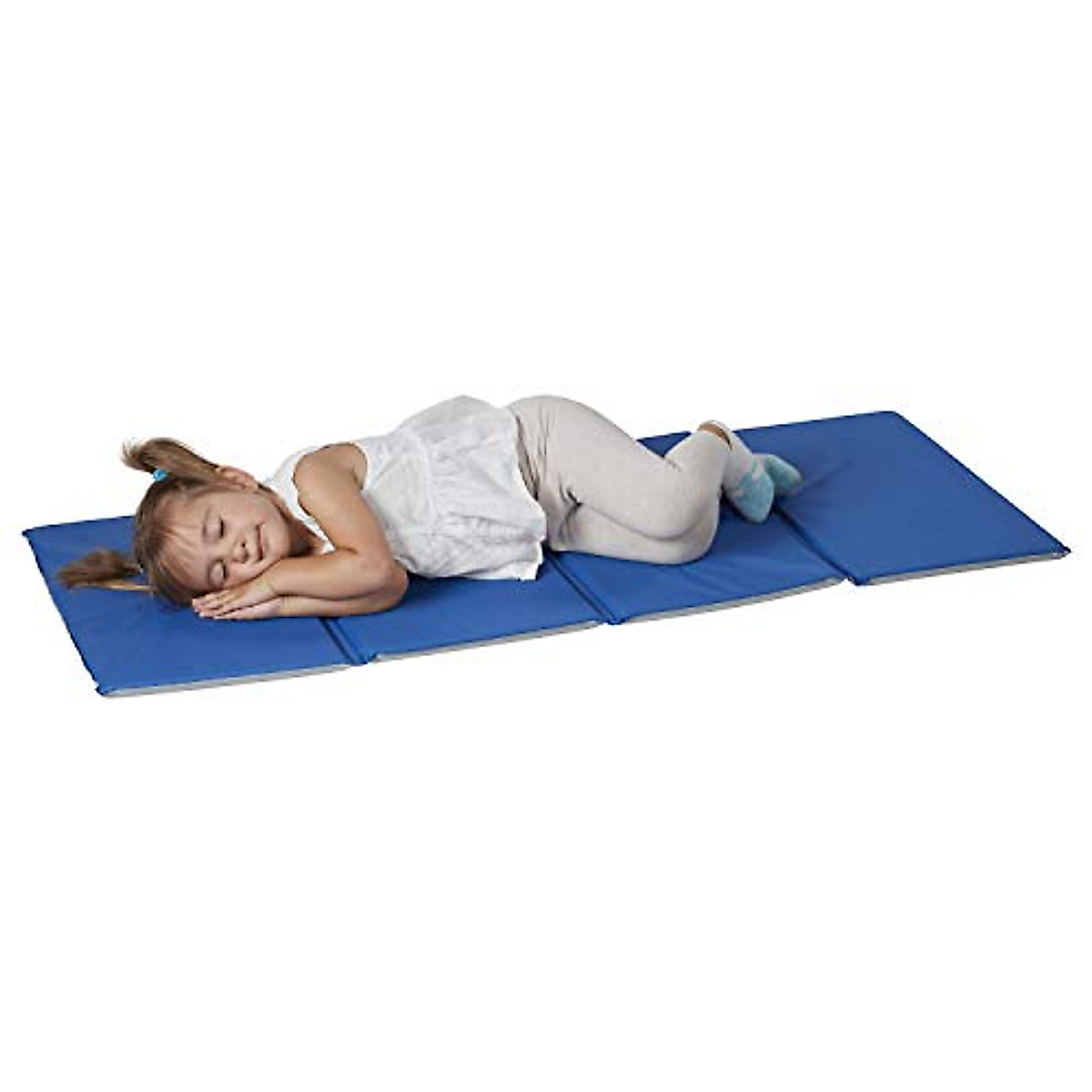 ECR4Kids Everyday Folding Rest Mat, 4-Section, 5/8in, Sleeping Pad, Blue/Grey, 1-Piece