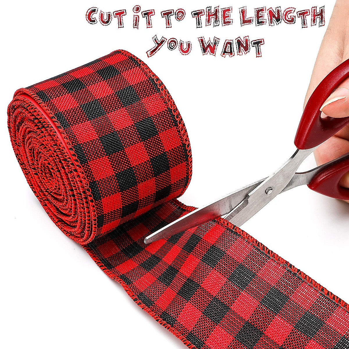 2 Rolls Wired Edge Ribbons Buffalo Plaid Burlap Ribbon Farmhouse DIY Gift Wrapping Crafts for Christmas Bow Wreath Tree Decoration (Red Black Plaid, 2.5 Inch Wide, 39.3 Feet)