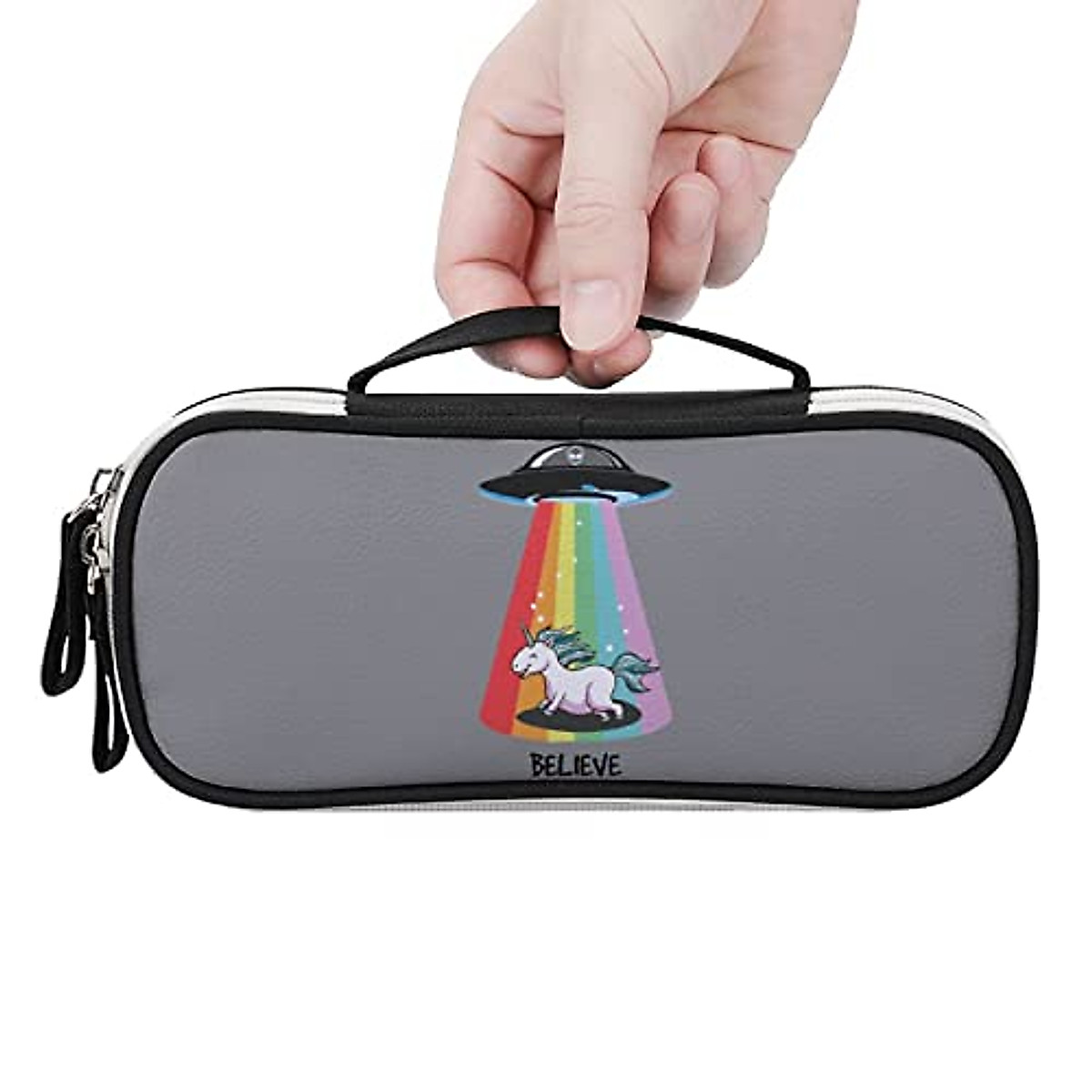 Believe in Unicorn UFO PU Leather Pen Pencil Bag Organizer Portable Makeup Carry Case Storage Handbag