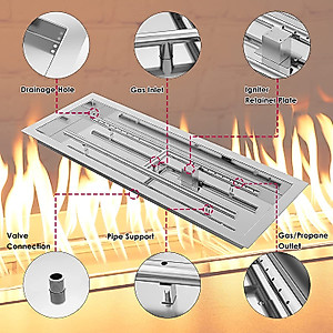 Uniflasy 36" by 12" Drop-in Fire Pit Pan Burner Kit, Stainless Steel Propane Rectangular Firepit Pan Insert with H-Burner, Spark Ignition Propane Hose Kit Fire Pit Table Insert for Indoor or Outdoor