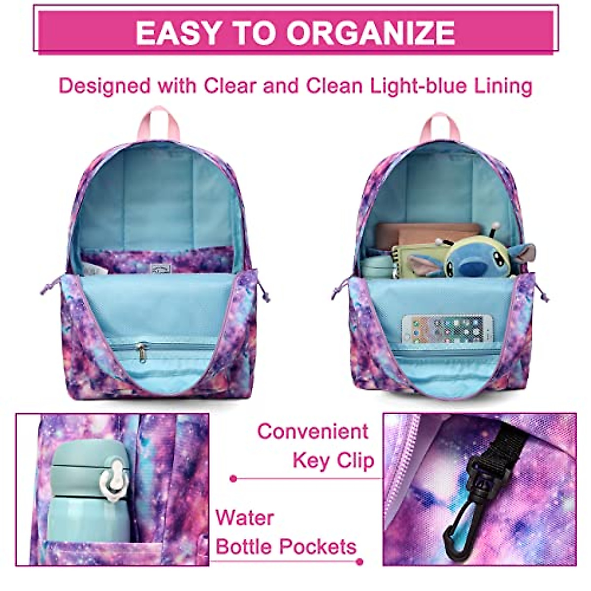 VASCHY Backpack for School, Lightweight Water Resistant Bookbag Casual Daypack for Middle School Teen Girls Pink Galaxy