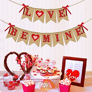 Love Be Mine Banner with Red Pink Heart - NO DIY - Valentine's Day Decorations - Rustic Farmhouse Valentine's Day Faux Burlap Banner | Be Mine Bunting Garland for Home Mantle | Valentines Photo Props