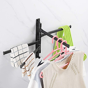 DULRLLY Swivel Towel Bar with Hook Wall Mounted Towel Rack Space Saving Bathroom Towel Rack Black Rotating Bath Towel Bars Swing Out Towel Hanger for Bathroom Kitchen Home Hotel(3 Arms)