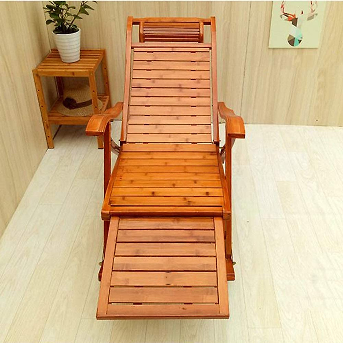 BROHN Lounge Chair, Lounge Chairs,Bamboo Rocking Chair Adjustable Folding Recliner Summer Outdoor Sun Loungers Armchair Balcony Old Man Siesta Chair with Headrest and Foot Massage