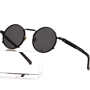 AIEYEZO Round Steampunk Sunglasses Circle Lennon Glasses Gothic Metal Frame 100% UV Blocking Lens (Black/Grey)