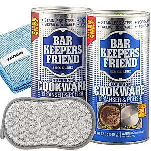 Bar Keepers, Friends Cookware Cleanser & Polish - 12oz (2 Pack) - Bundled With 1 Microfiber Towel and 1 Dual-Sided Scrubbing Sponge
