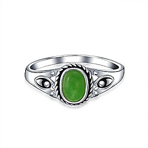 Bling Jewelry Petite Cabochon Boho Fashion Bali Style Oval Dyed Green Jade Bezel Filigree Band Ring For Women .925 Sterling Silver August Birthstone