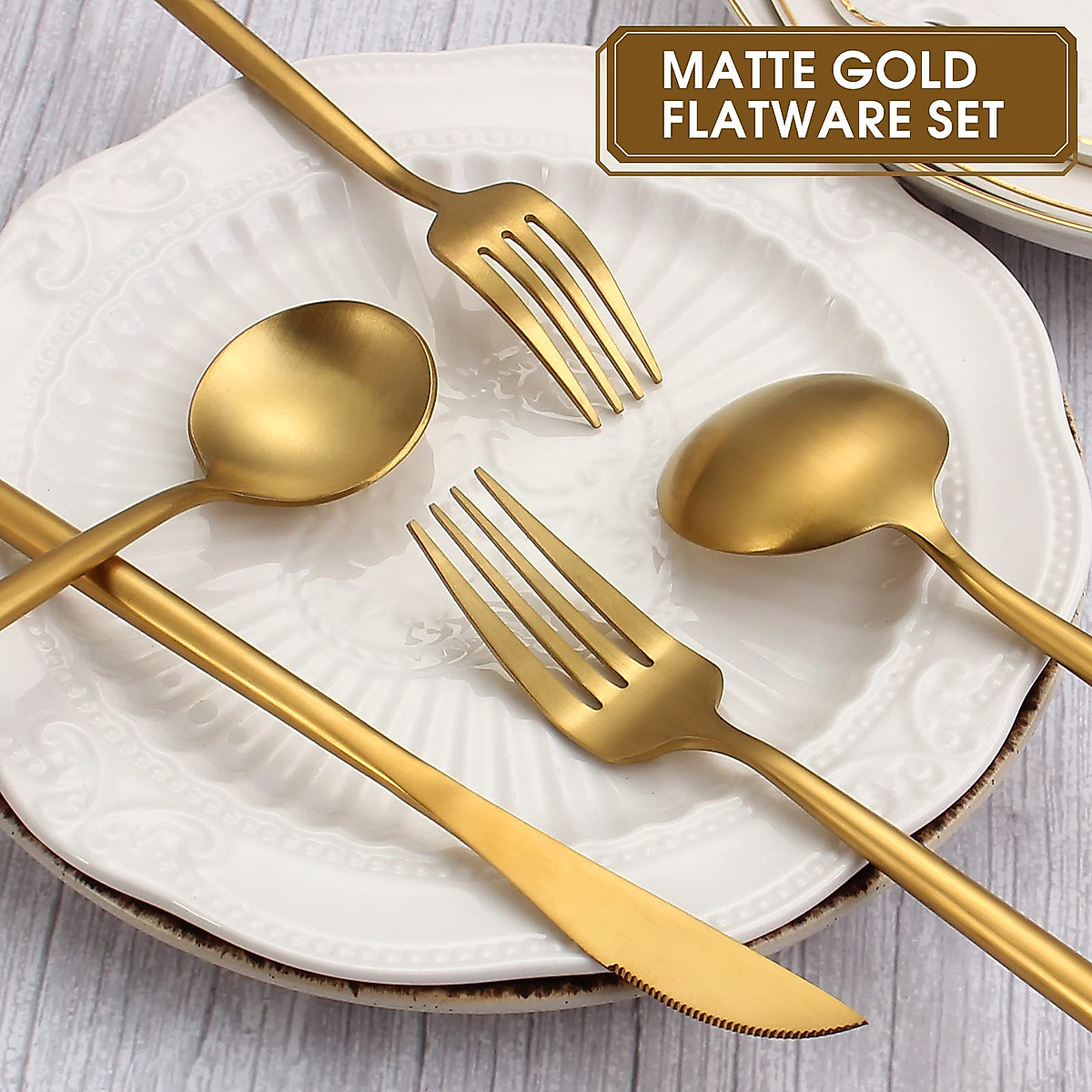 VANVRO Matte Gold Silverware Set, 20-Piece Stainless Steel Flatware Set, Tableware Cutlery Set Service for 4, Satin Finish Utensils Set, Knife Fork Spoon Set for Home and Restaurant, Dishwasher Safe