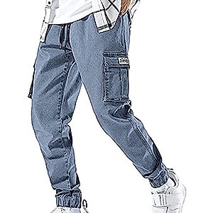 XYXIONGMAO Streetwear Hip Hop Cargo Joggers Pants for Men Denim Overalls Sports Harness Feet Harlan Casual Trousers (Blue, 2XL)