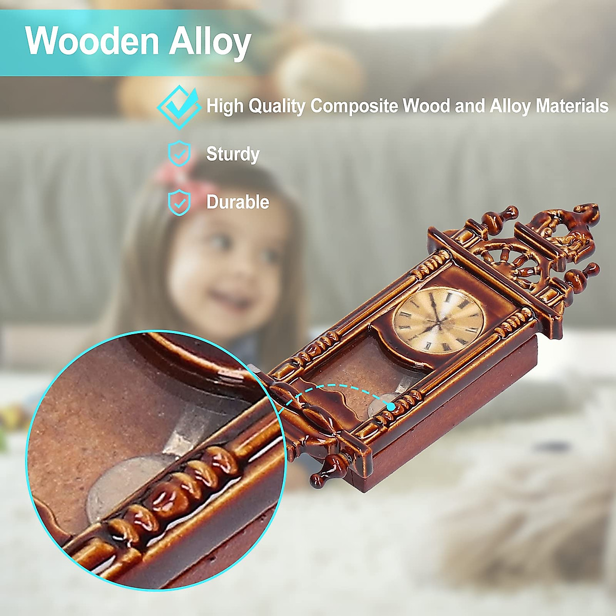 plplaaoo 1:12 Scale Dollhouse Wall Clock, Miniature Dollhouse Vintage Clock Decoration Accessories, Exquisite Wooden Grandfather Clock Living Room Furniture Toy for Doll House Decoration