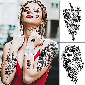 SOOVSY 46 Sheets Full Arm Temporary Tattoo with Lion, Temporary Tattoo Sleeves for Men, Fake Tattoos Adult Realistic with Flower, Full Sleeve Tattoos for Women w/Wolf Eagle & Deer