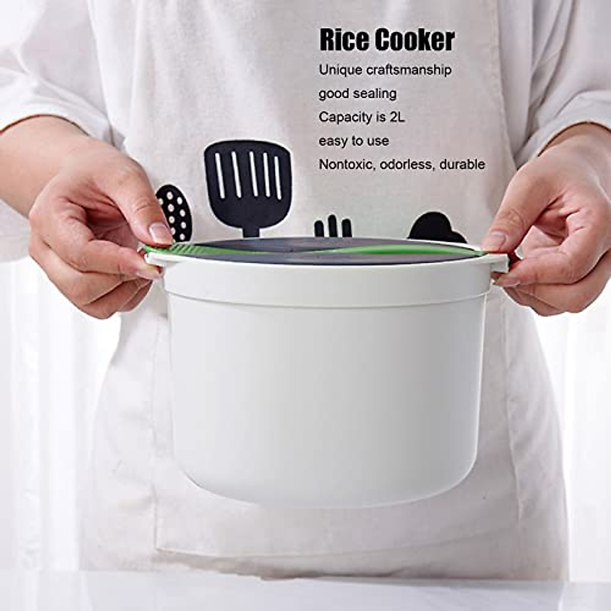 Hoopoocolor 2L Microwave Rice Cooker, with Rice Scoop, Lid, Strainer and Steaming Pot, BPA Free, Dishwasher Safe, Food Grade PP Rice Cooker Set, Steams Rice Perfection Every Time(No Bowl)(Green)