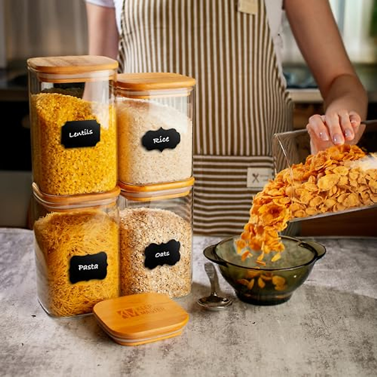 Set of 5 Glass pantry storage containers with lids, Borosilicate Square glass containers with bamboo lids, Cookie jar, Glass storage containers with lids for pantry, Pasta Rice Flour Sugar Tea Beans