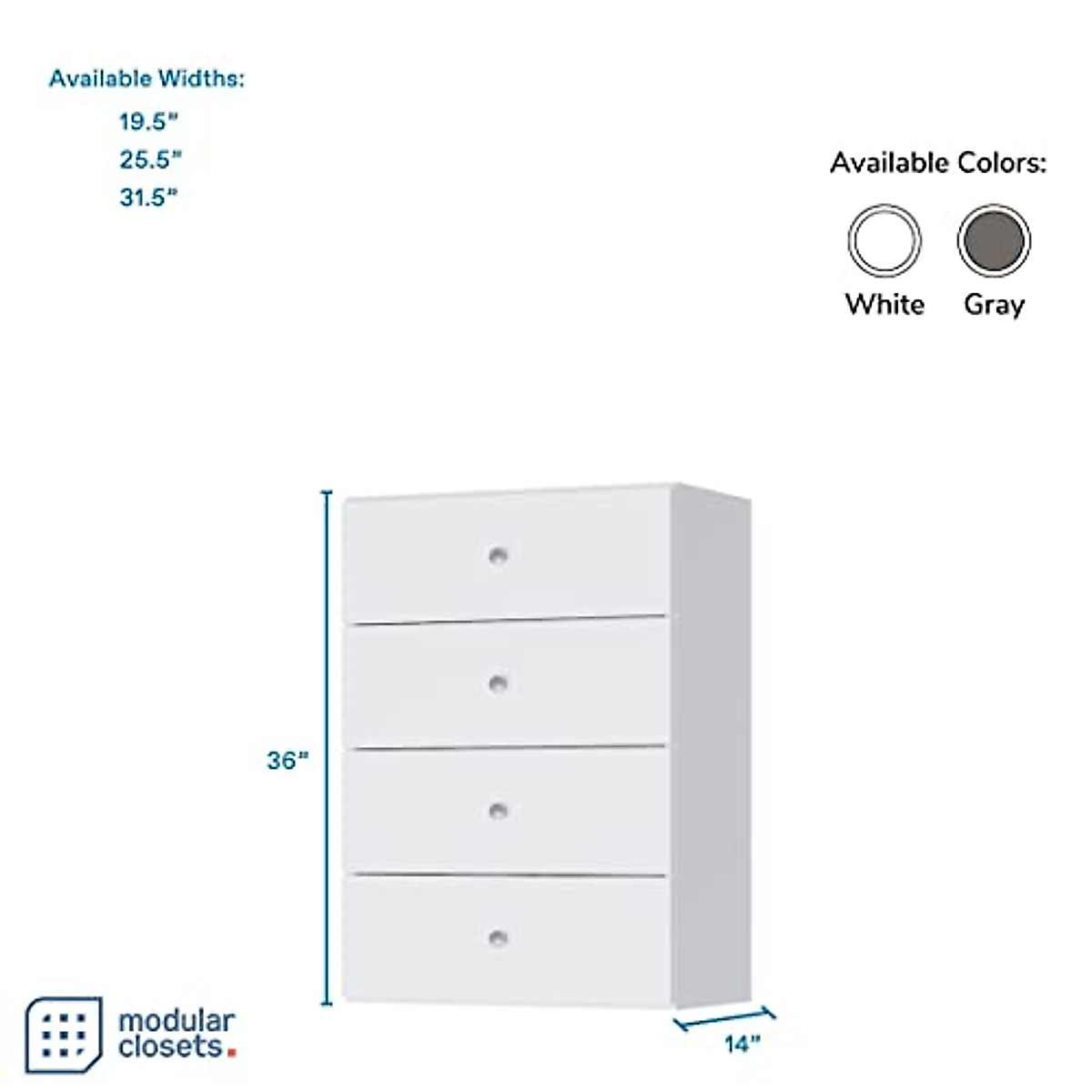 Short Closet Drawer Tower - Modular Closet System With Drawers (4) - Corner Closet System - Closet Organizers (White, 19.5 inches Wide) Closet Organizers