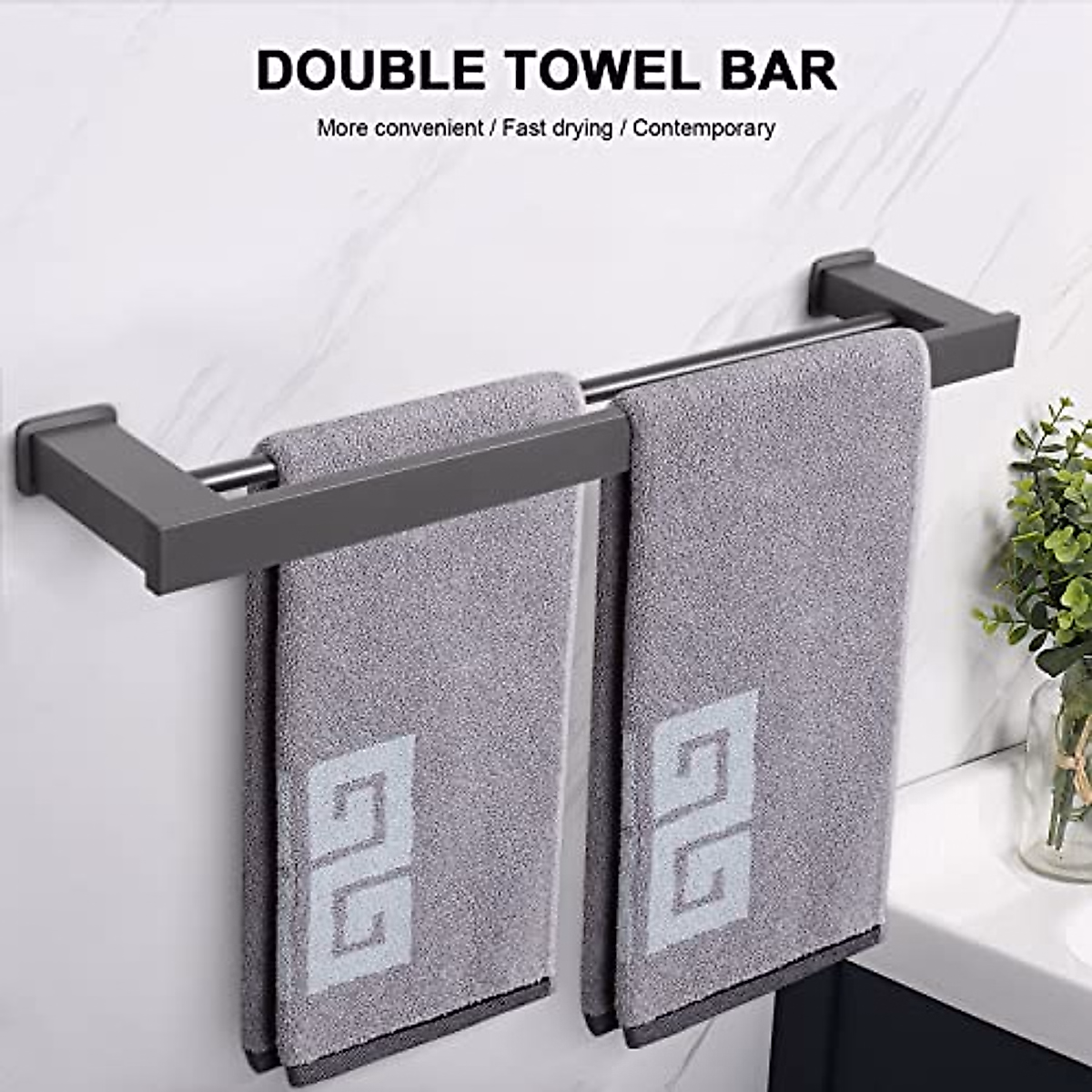 NearMoon Double Bath Towel Bar, Bathroom Accessories-Premium Thicken Space Aluminum Square Shower Towel Rack for Bathroom/Kitchen, Towel Holder Wall Mounted (24 Inch, Grey)