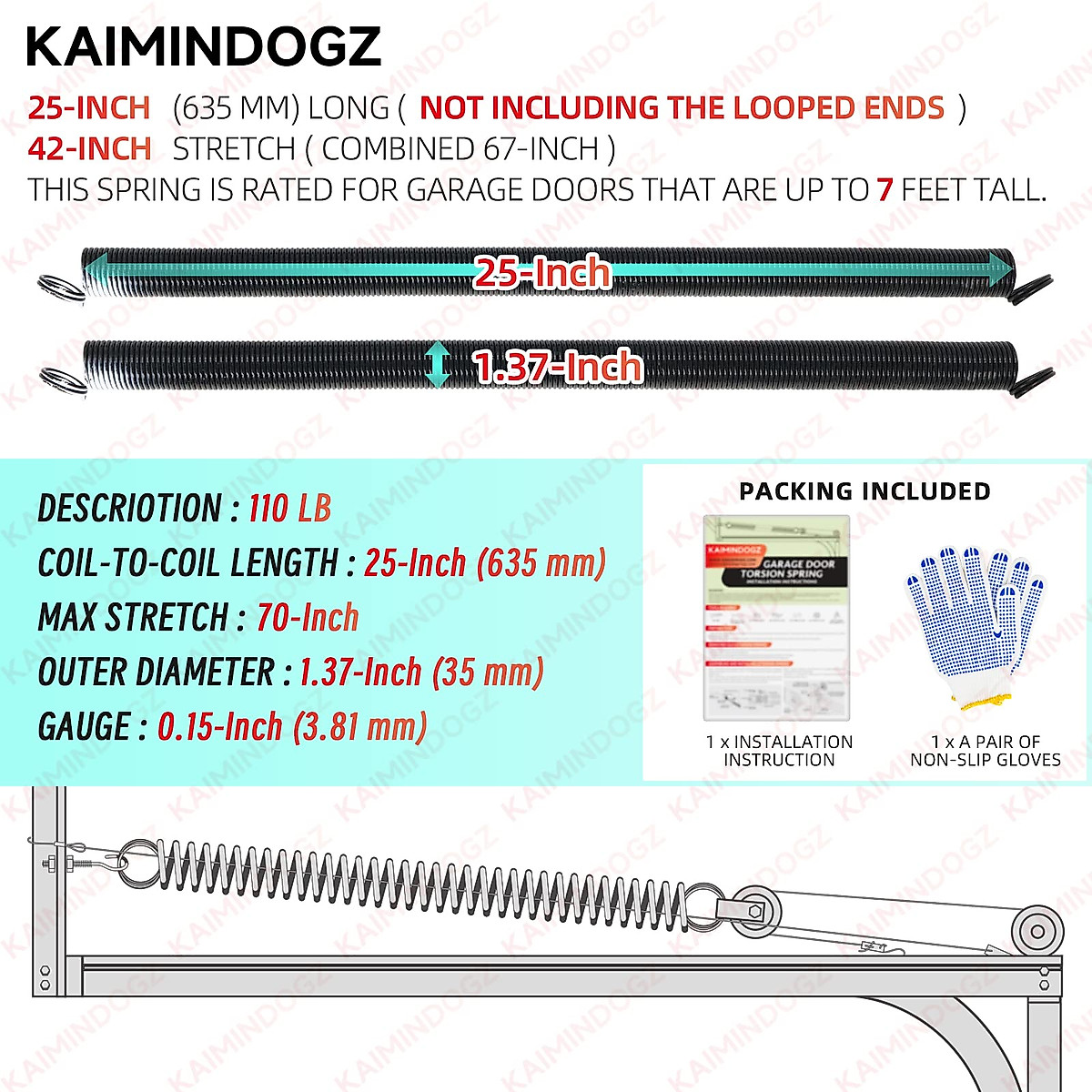 KaiMinDogz Pair of 110lb. Heavy Duty Garage Door Extension Springs Stretch Springs, 25" Long,Double Loop Ends, High Precision Electrophoresis Black Coated, MIN 16,000 Cycles, for 7ft High Garage Doors