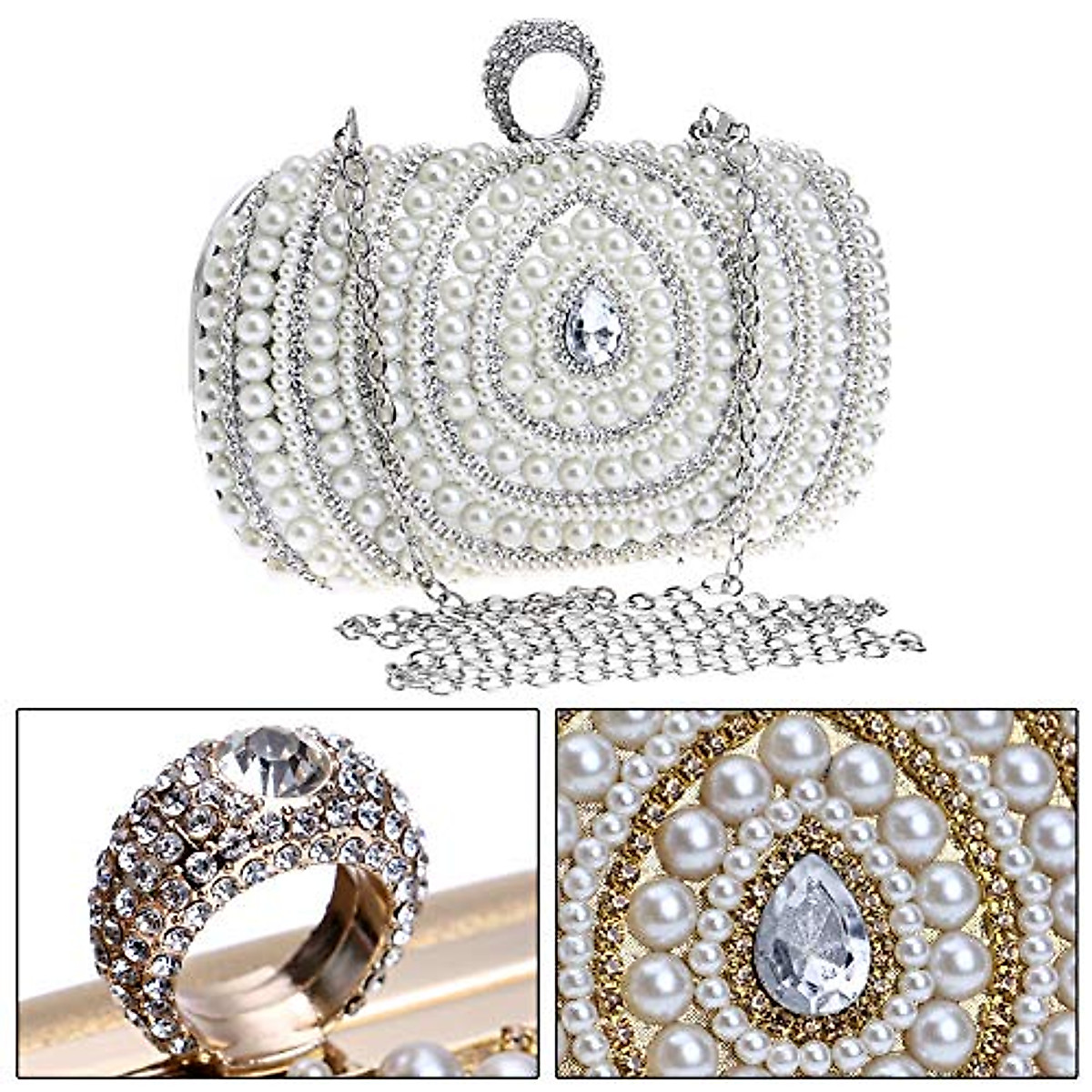 Santimon Wedding Clutch Purse Evening Bags For Womens Chain Dress Handbag Pearls Silver