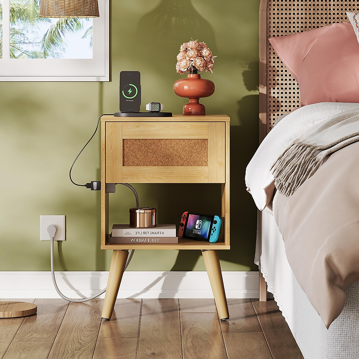 WLIVE Rattan Nightstand with Charging Station, Boho Night Stand, Small Bedroom Side Table, End Table with Drawer and Storage, Wood Bedside Table for Bedroom, Small Spaces, Natural Oak