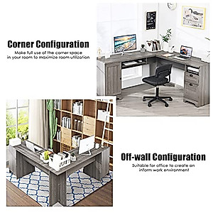 Tangkula 66" × 66" L-Shaped Desk, Corner Computer Desk with Drawers Keyboard Tray and Storage Cabinet, Home Office Desk, Sturdy and Space-Saving Computer Workstation