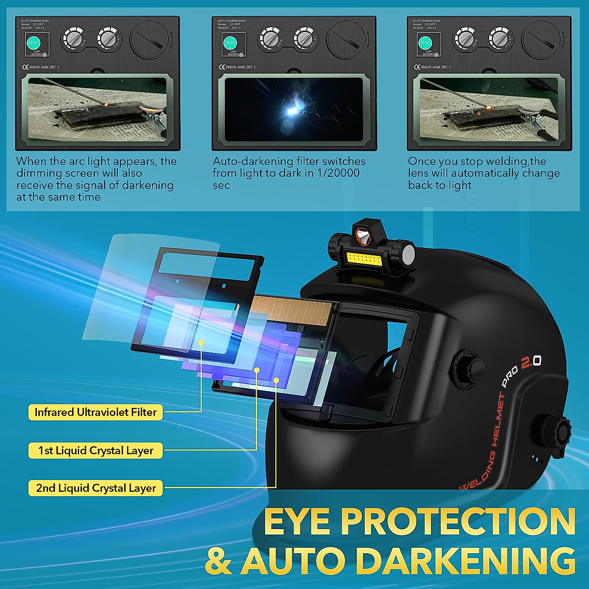 TRQWH Welding Helmet with Light True Color Auto Darkening Welding Helmets for Men Solar Powered Welding Hood with 2 Arc Sensor Wide Shade 4/9-13 for TIG MIG ARC Cool Welder Mask Careta Para Soldar