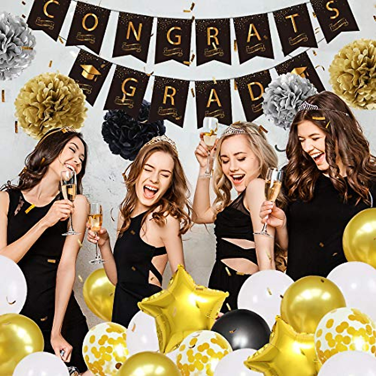 2022 Graduation Decorations, Graduation Decor Black and Gold, Graduation Banner, Hanging Swirls, Paper Pom Poms Flowers, Photo Backdrop, Graduation Party Supplies 2022