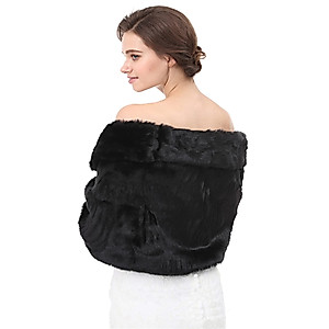 XMLMRY Faux Fur Shawl Women's Wrap Stole Shrug Luxury Winter Wedding Evening Party Bridal Bridesmaid Cover Up (Black, Lengthen)