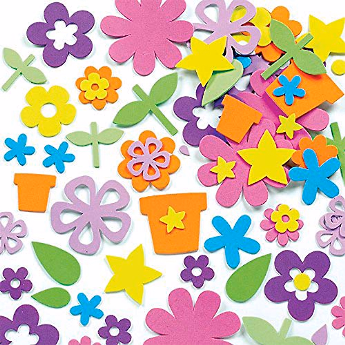Baker Ross EK342 Self Adhesive Flower Garden Foam Stickers - Pack of 200, for Kids to Decorate Collage, Cards & Craft, 0.8cm-8.5cm, Assorted (EK342)
