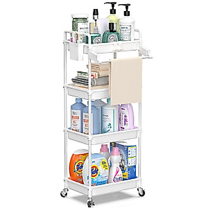 SPACEKEEPER Rolling Storage Cart, 4-Tier Bathroom Organizer Utility Cart Laundry Room Organization Mobile Shelving Unit with Towel Rack, Lockable Wheel, Hooks & Cup for Kitchen Bedroom Office, White