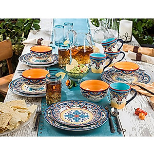 Euro Ceramica Zanzibar Collection 16 Piece Dinnerware Set Kitchen and Dining, Service for 4, Spanish Floral Design, Multicolor, Blue and Yellow