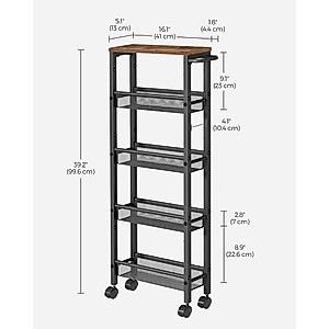 VASAGLE Slim Rolling Cart, 5-Tier Storage Cart, Narrow Cart with Handle, 5.1 Inches Deep, Metal Frame, for Kitchen, Dining Room, Living Room, Home Office, Rustic Brown and Classic Black ULRC034B01
