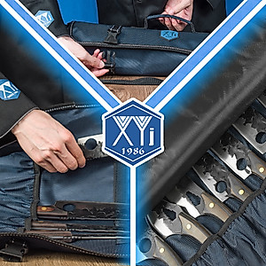 Authentic XYJ Since 1986,Chef Knife Bag With Shoulder Strap,8 Slots Roll Bag,Travel Camping Storage Carry Case,Oxford Cloth Portable Pockets Bag Holds Kitchen Knives Tools Set (XYJ Blue)