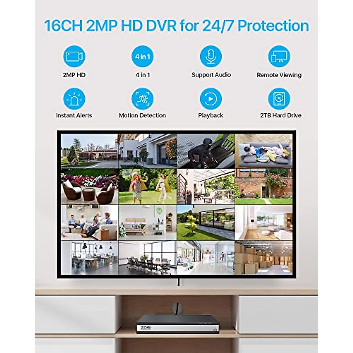 ZOSI 1080p Lite 16 Channel Security DVR Recorder, H.265+ Hybrid 4-in-1(Analog/AHD/TVI/CVI) CCTV DVR for Security Camera,Motion Detection,Mobile Remote Control,Email Alarm,2TB Hard Drive Included
