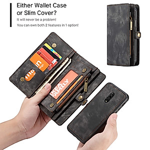Simicoo OnePlus 7 Pro Leather Wallet Zipper Purse Detachable Card Slots Holder Flip Case Magnetic Wrist Strap Handle Shockproof Cover Pocket Wallet Handbag for OnePlus 7 Pro 1+7 Pro (Black)