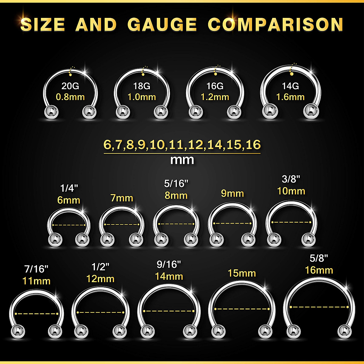 KJM FASHION 4PCS Surgical Steel Horseshoe Ring 16g 1.2mm 7/16 11mm 3mm Ball Septum Nose Tragus Eyebrow Earrings Lip Piercing Jewelry 7545