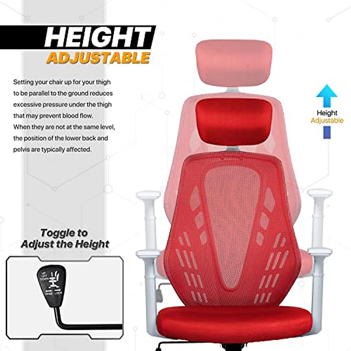 MoNiBloom Home Office Mesh Seat Chair with Headrest and Wheels, Rolling Swivel Computer Chair with T Shape Armrest for Adults, Red