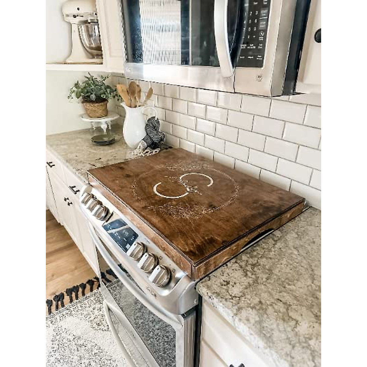 Josephine Thomas Home Personalized Noodle Board, Large Initial + Last Name, Stove Cover, Cooktop Cover, Warm Brown