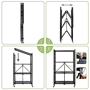 4-Shelf Foldable Storage Shelves with Wheels, Large Capacity Shelving Unit, Freestanding Metal Wire Shelf Rack, No Assembly Organizer Rack for Garage Kitchen, Basement, Pantry, Heavy Duty