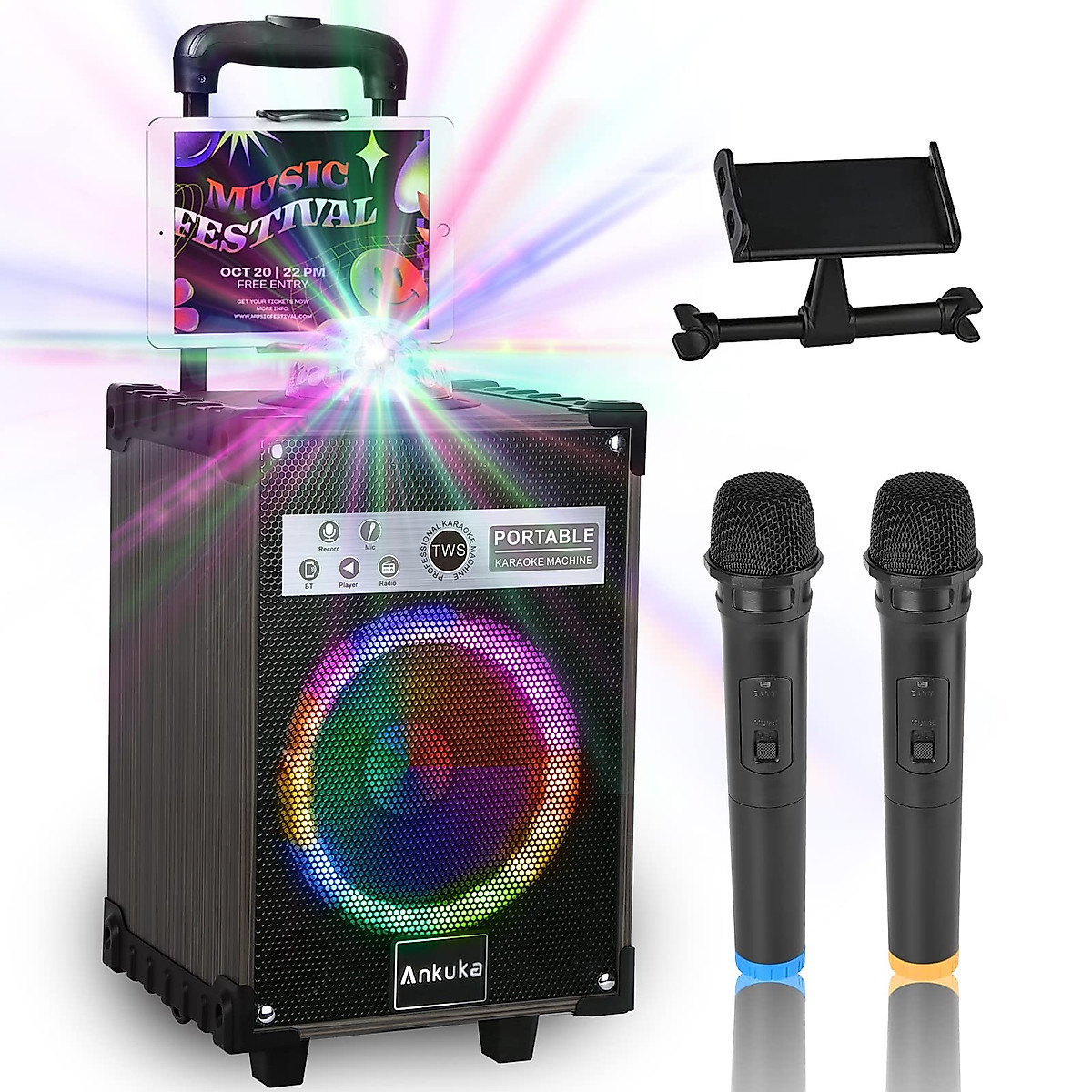Ankuka Karaoke Machine, Portable Bluetooth Speaker with Disco Lights,Subwoofer PA System with 2 Wireless Microphones for Christmas,Birthday Party