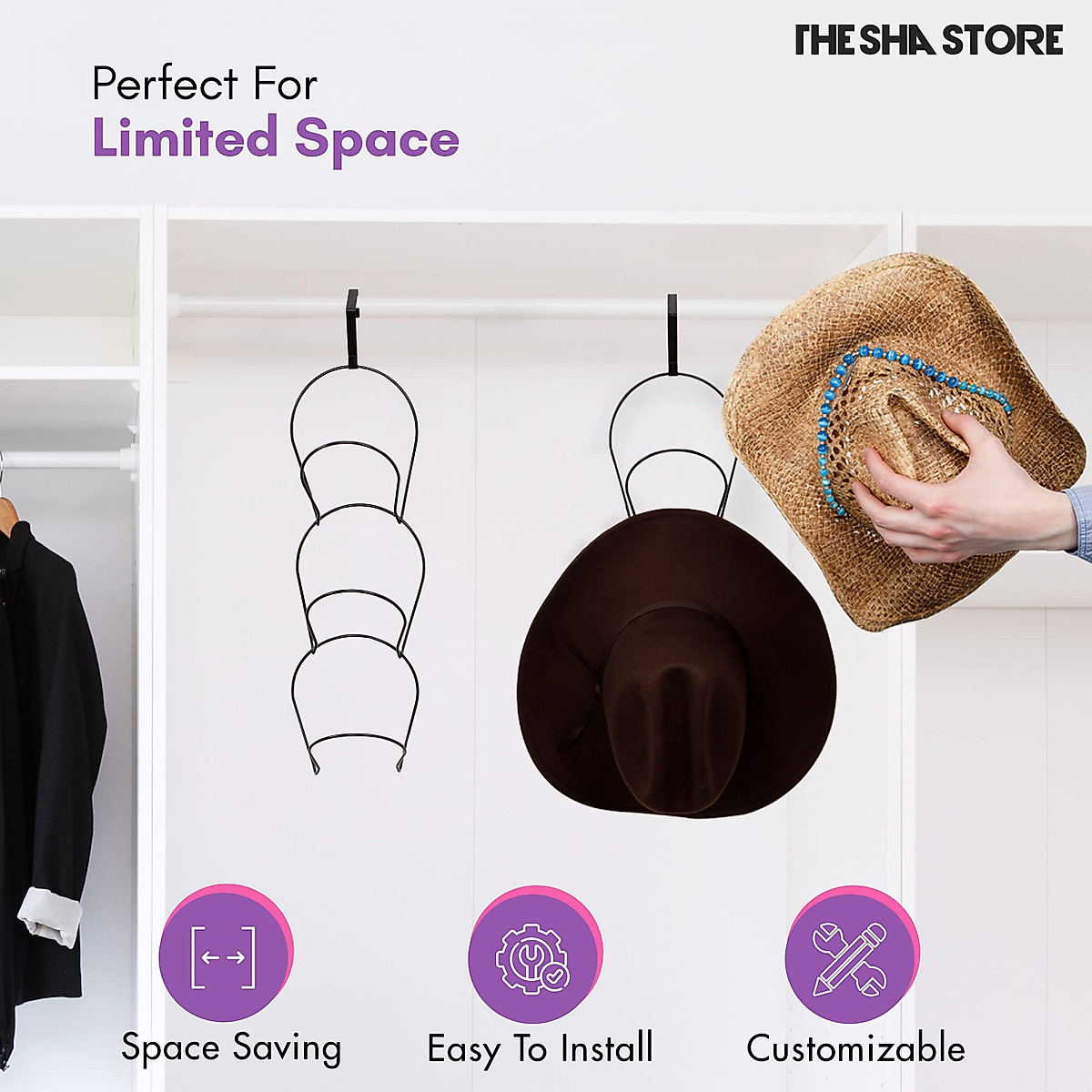 Cowboy Hat Rack for Wall - 5 Pieces Cowboy Hat Holder for Trucks, Durable Metal Hat Rack for Cowboy Hats for Perfect Shape