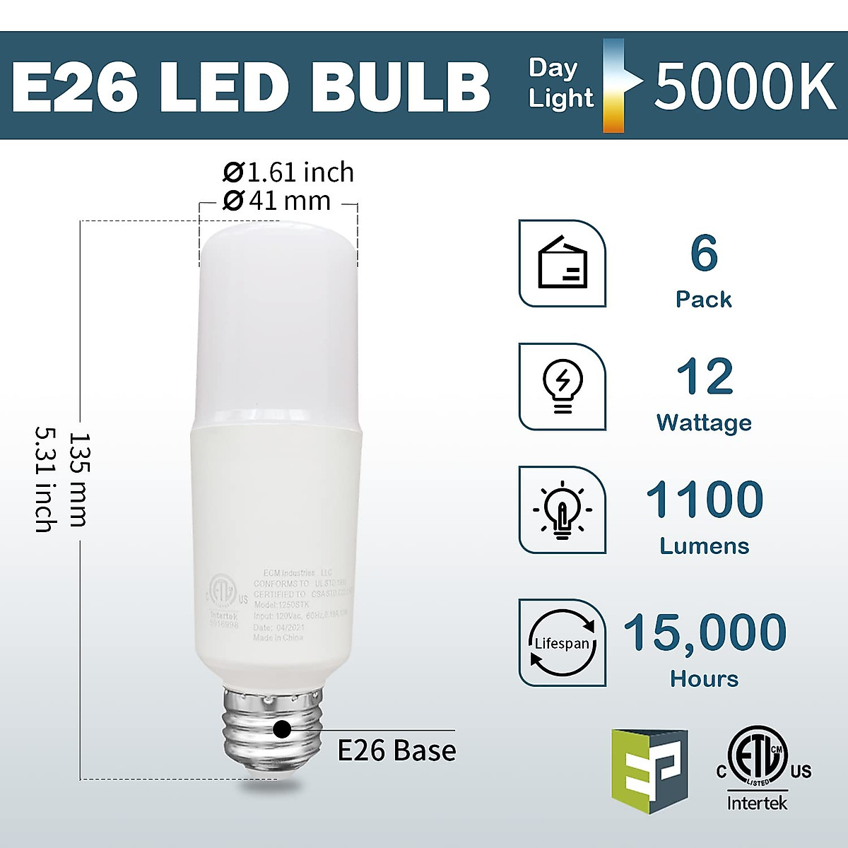 EP 75W Equivalent LED Bulb - 12W 1100 Lumens 5000K Daylight White Non-Dimmable E26 Medium Base - Bright Bulbs for Home, Bedroom, Office Lamp, 6 Pack
