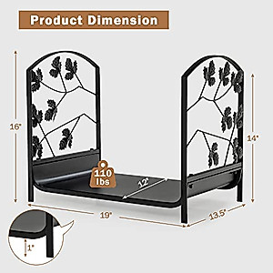 Goplus 19” Small Firewood Rack, Indoor and Outdoor Decorative Firewood Storage Carrier Log Rack with Elegant Leaf Patterns & Raised Legs, Heavy Duty Firewood Holder for Fireplace, Fire Pit